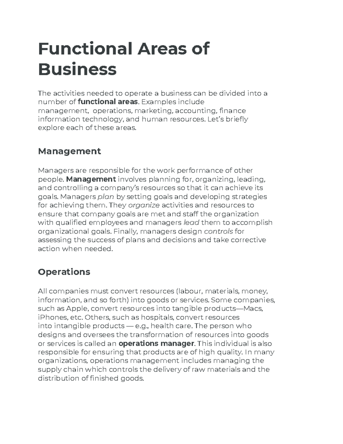 Functional Areas of Management - Functional Areas of Business The ...