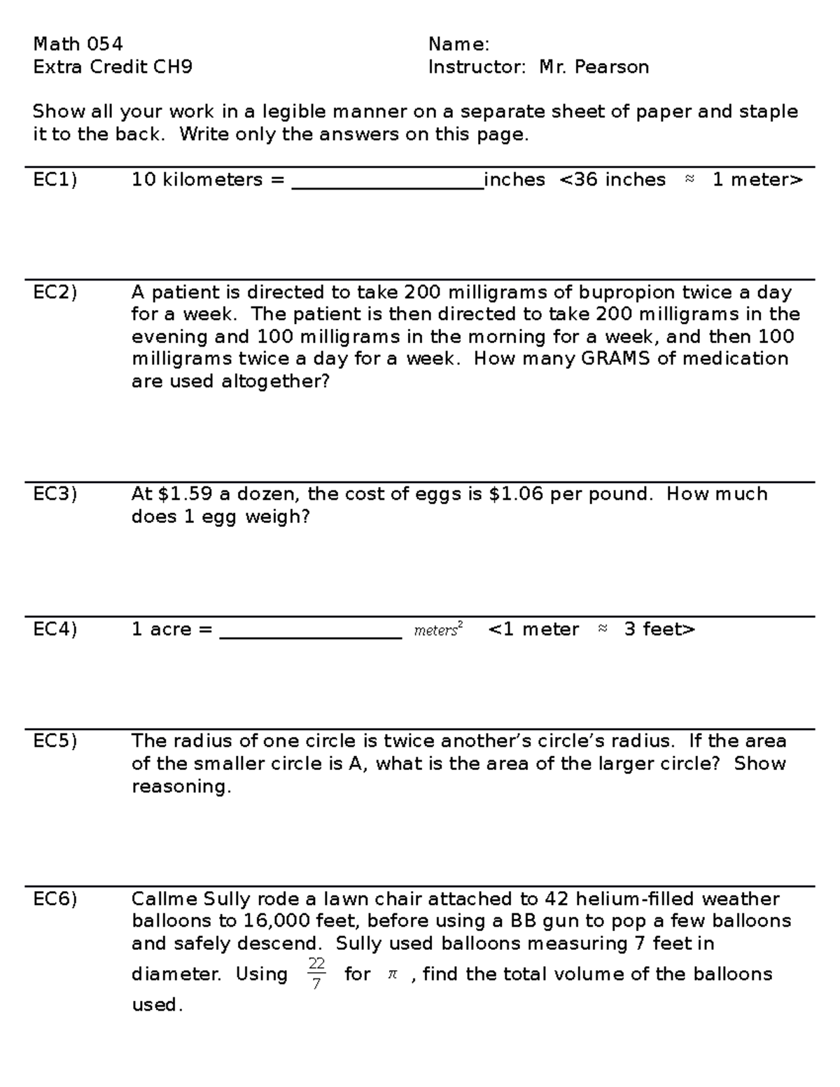 Math 054 Extra Credit CH 9 - Math 054 Extra Credit CH9 Name: Instructor ...
