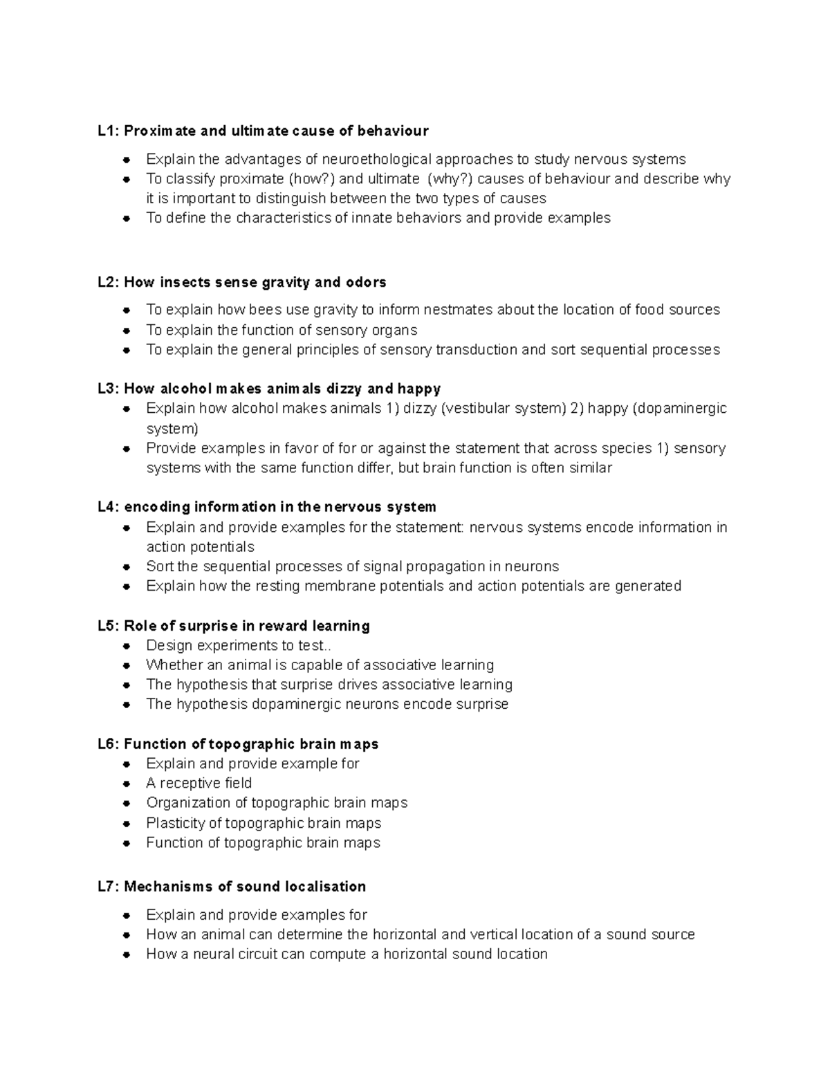 ZOOL223 Module 1 - Nervous systems lecture learning objectives - L1 ...