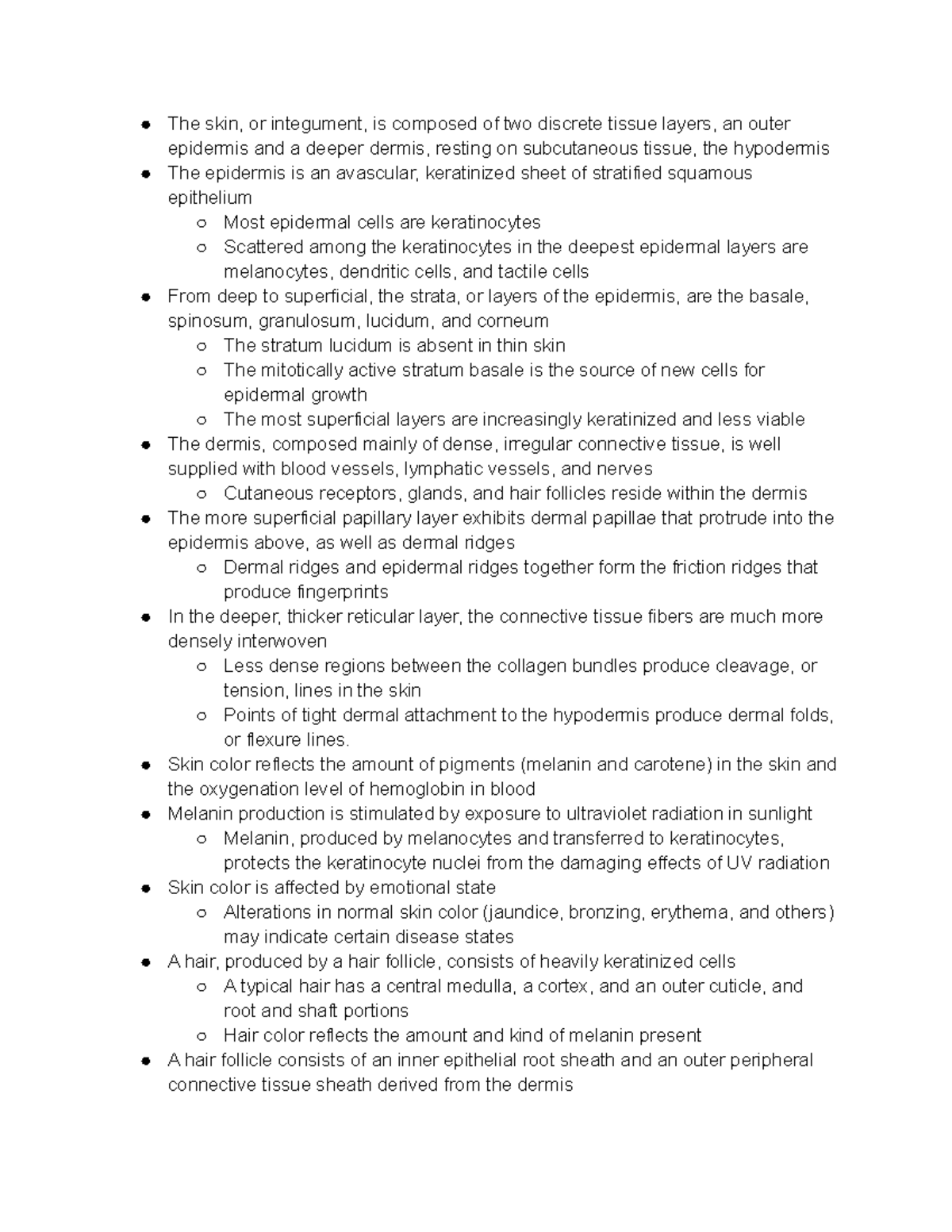 Anatomy Chapter 5 Summary - The skin, or integument, is composed of two ...