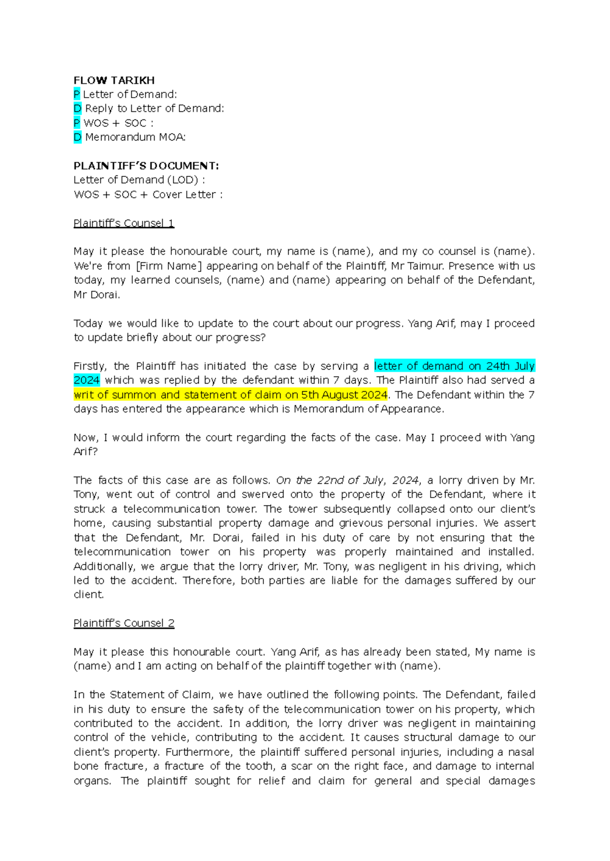 Case Management Flow (ENG) - FLOW TARIKH P Letter of Demand: D Reply to ...