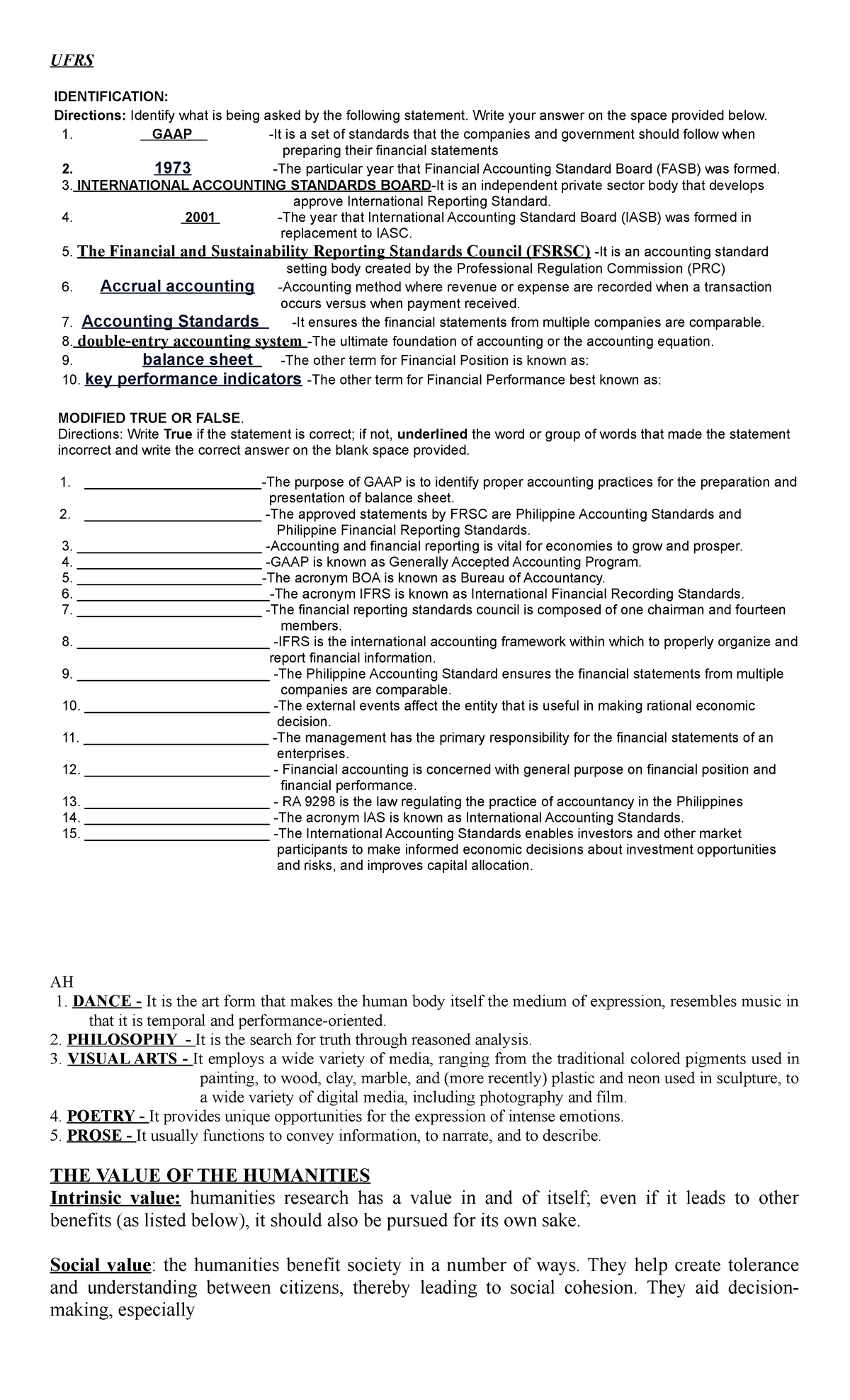 UFRS- Reviewer - UFRS IDENTIFICATION: Directions: Identify what is ...