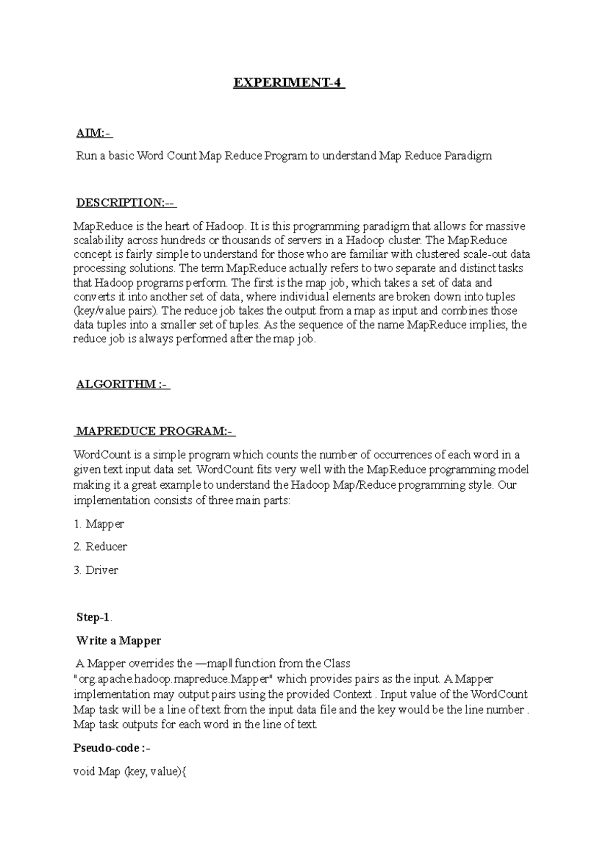 BDA 4 and 5 - BDA - EXPERIMENT- AIM:- Run a basic Word Count Map Reduce Program to understand ...