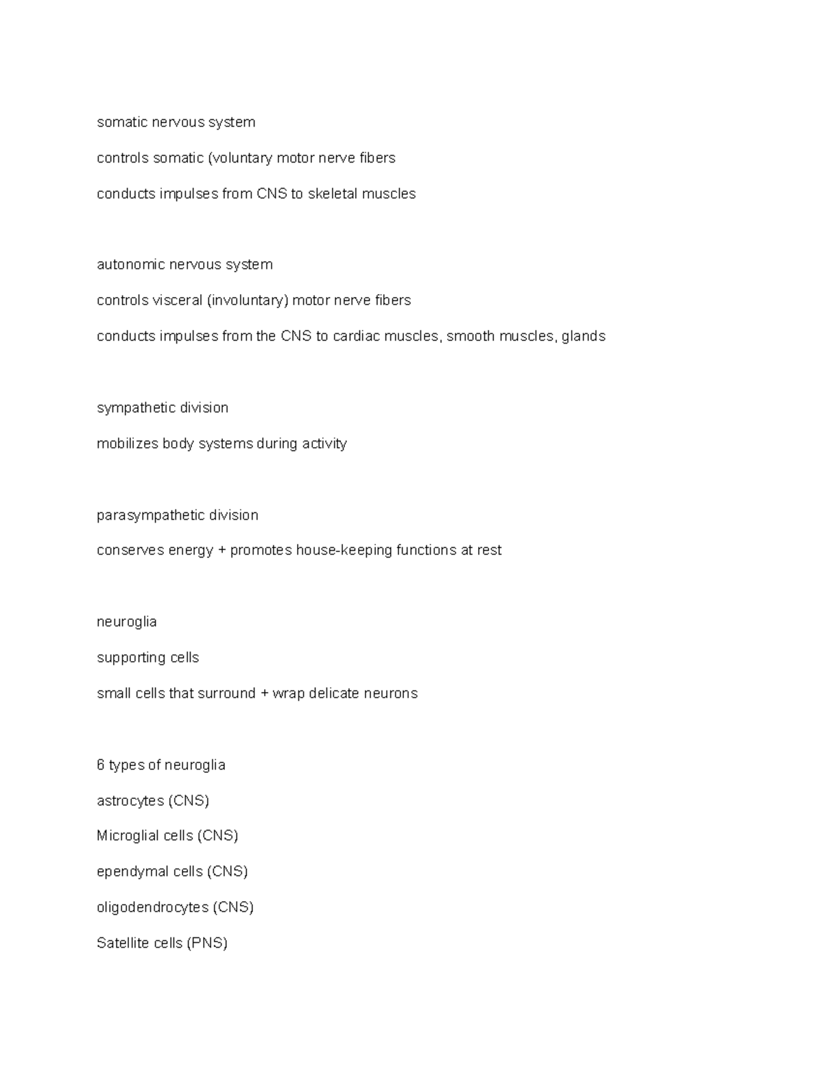 CNS simple definitions - somatic nervous system controls somatic ...