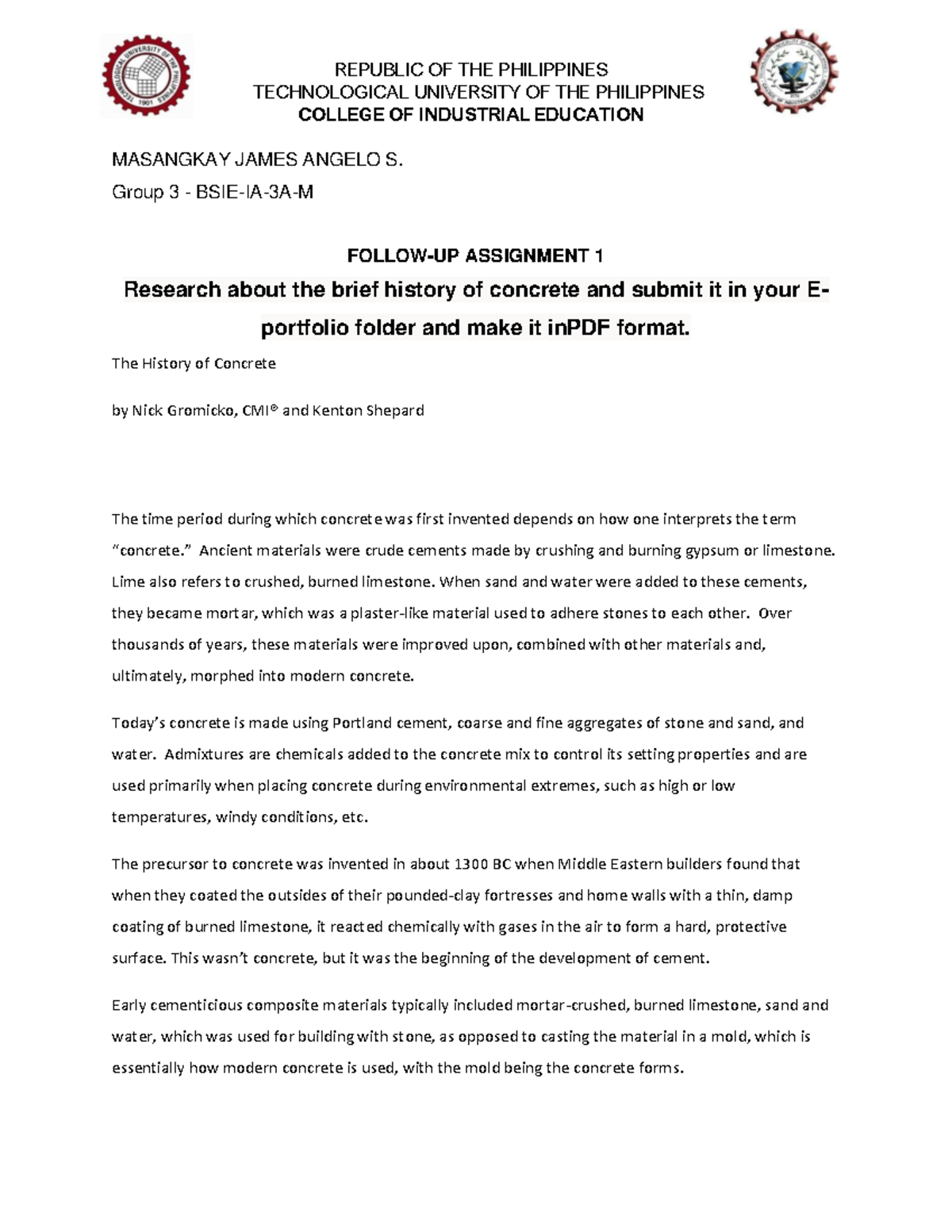 Masangkay Followup Assignment - TECHNOLOGICAL UNIVERSITY OF THE ...