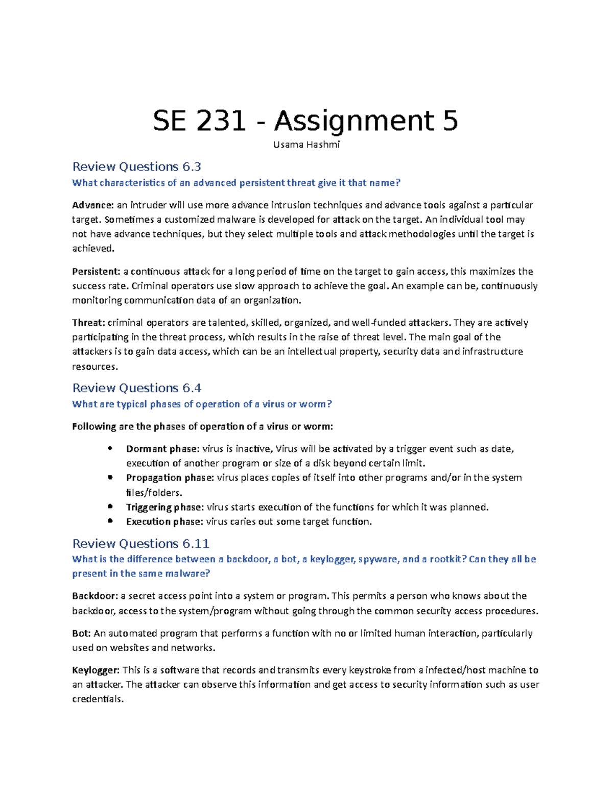 SE 231 Assignment 5 - SE 231 - Assignment 5 Usama Hashmi Review ...