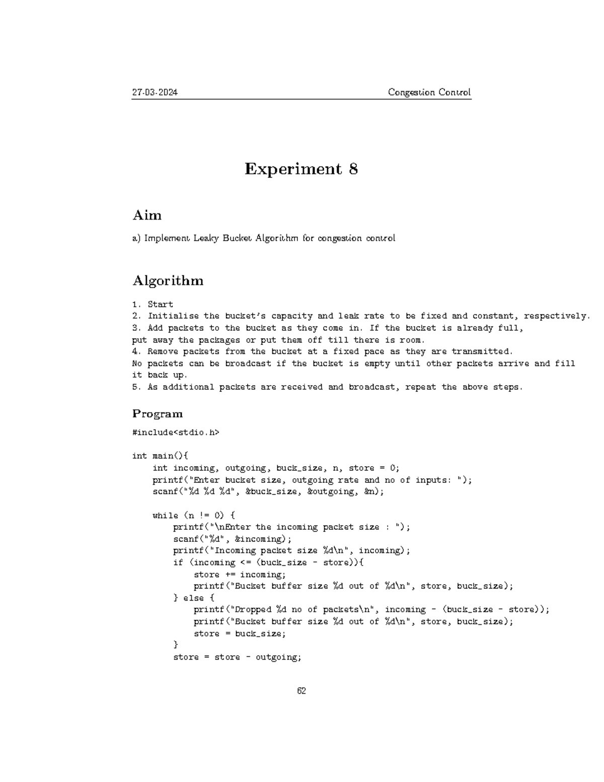 Leaky bucket record - 27-03-2024 Congestion Control Experiment 8 Aim a) Implement Leaky Bucket ...