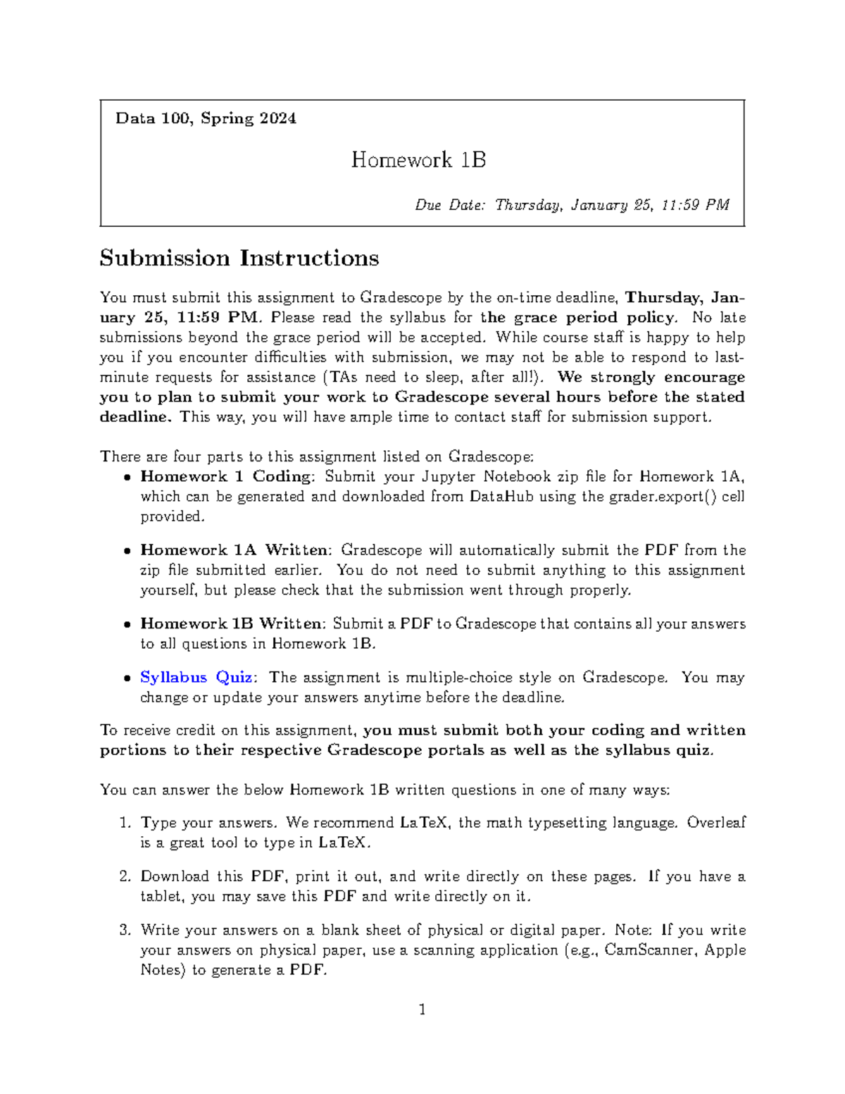 Hw1b practice problems - Data 100, Spring 2024 Homework 1B Due Date: Thursday, January 25, 11:59 ...