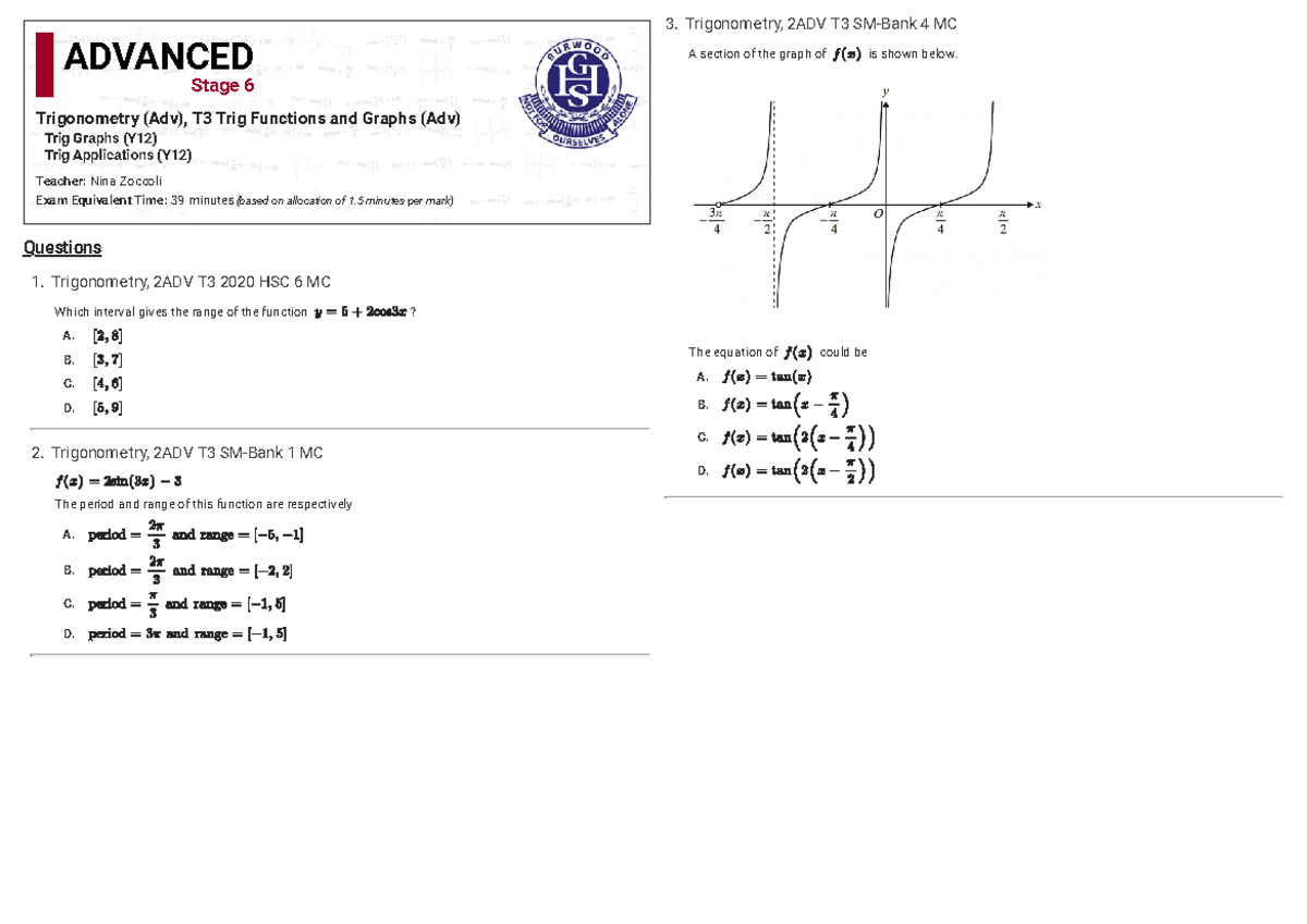 Smartermaths Trig Functions And Graphs 1 Trigonometry 2adv T3 2020 Hsc 6 Mc 2 Trigonometry