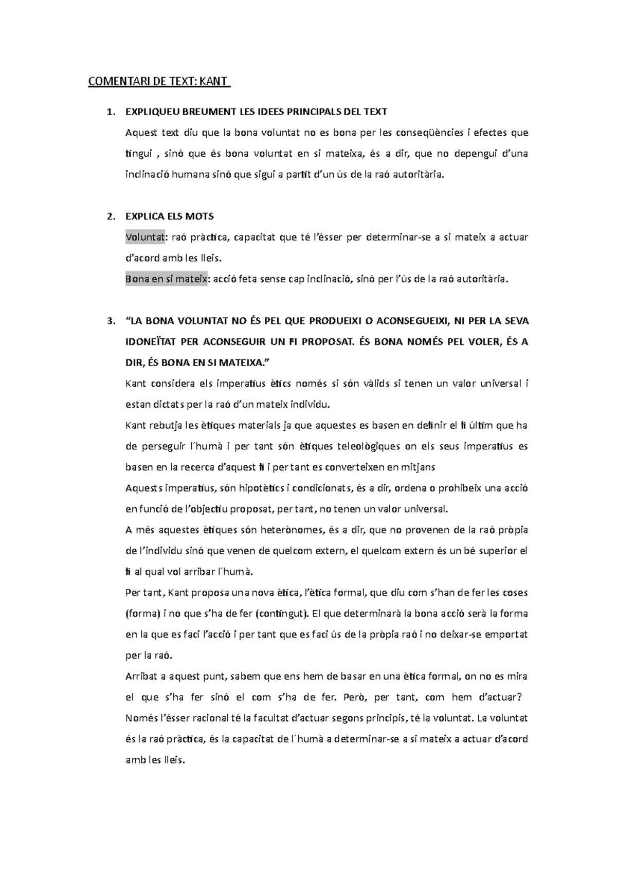 Comentari text Kant - COMENTARI DE TEXT: KANT 1. EXPLIQUEU BREUMENT LES IDEES PRINCIPALS DEL ...