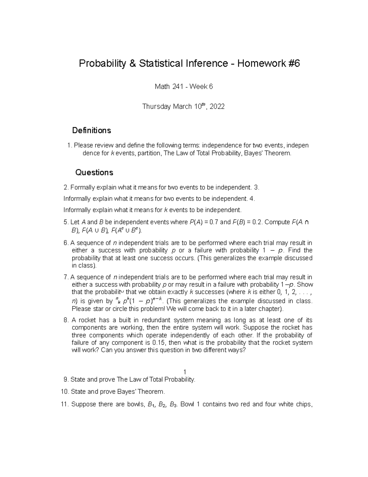 HW6 - hw given by prof ques similar in exams - Probability & Statistical Inference - Homework ...