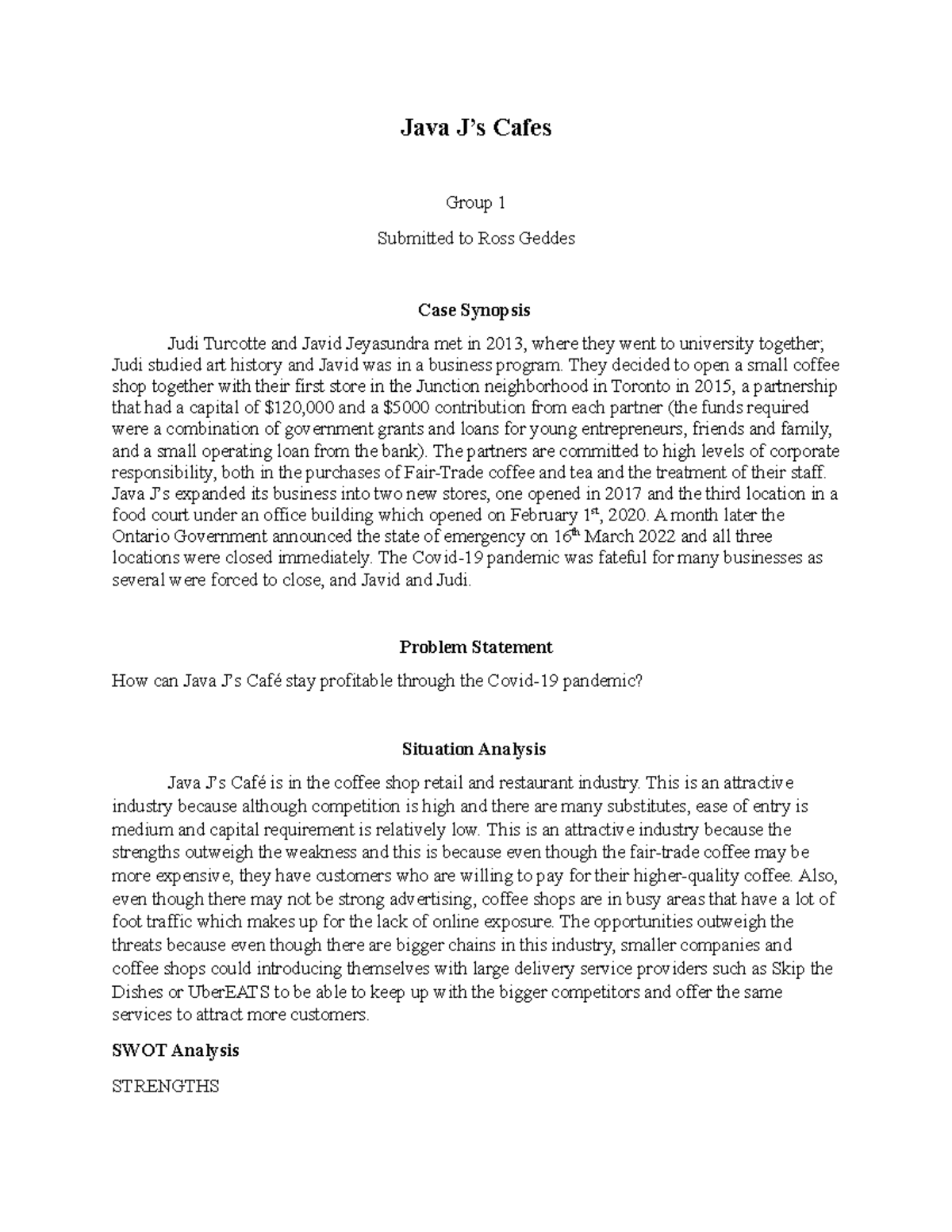 Java J's - Business Policy Group 1 - Java J’s Cafes Group 1 Submitted ...
