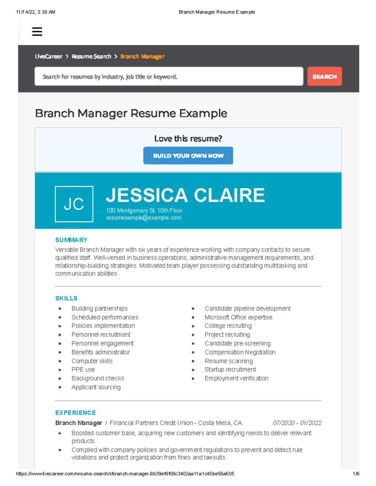 Branch Manager Resume Example - LiveCareer Resume Search Branch Manager ...