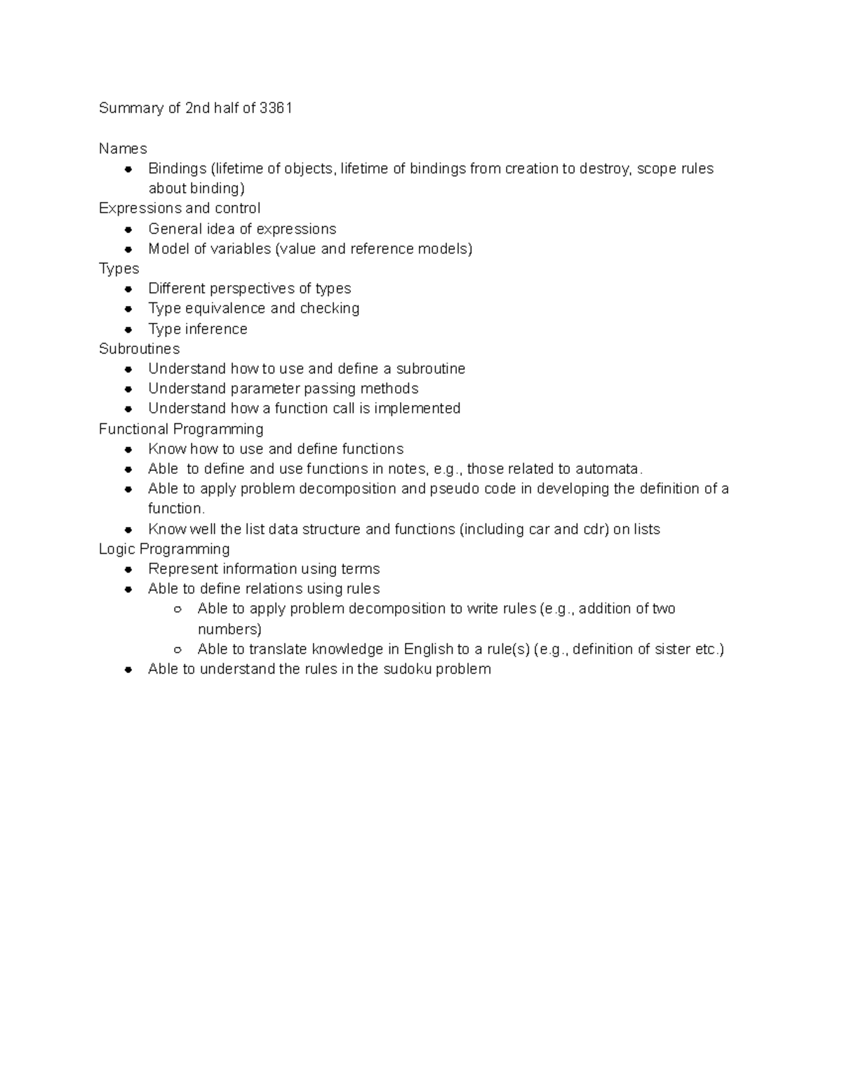 CS 3361 Chapter Summary - Summary of 2nd half of 3361 Names Bindings (lifetime of objects, - Studocu