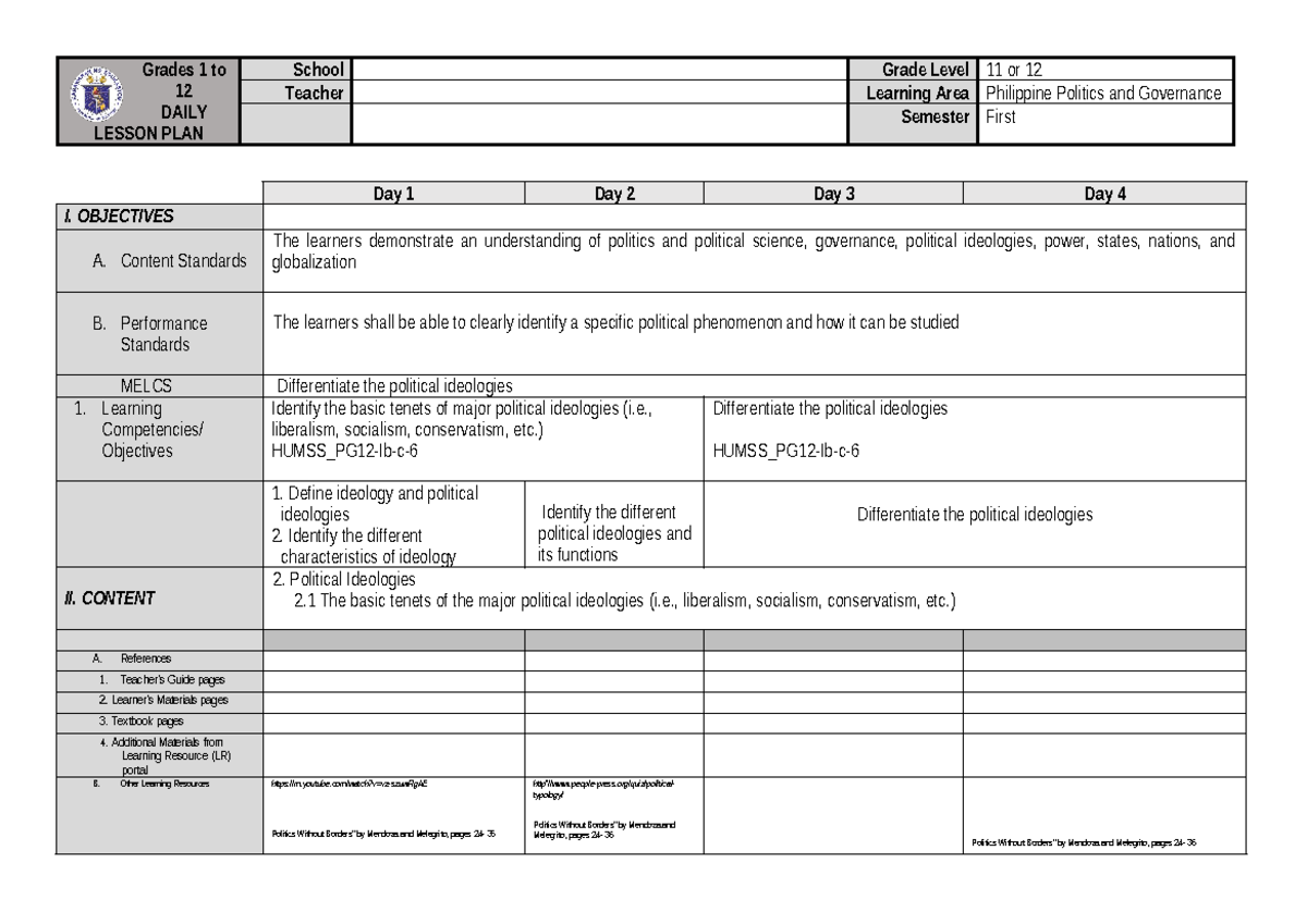 PPG Week b - Political Ideologies - Grades 1 to 12 DAILY LESSON PLAN ...