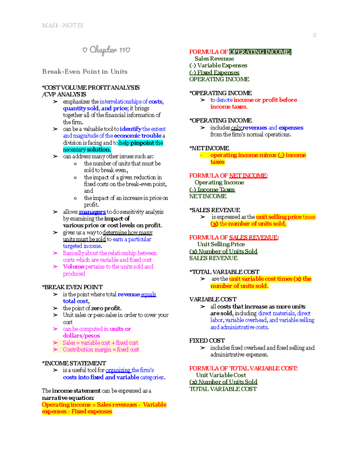 Chapter 1 1 - 0 ♡ Chapte 11♡ Break-Even Point in Units *COST VOLUME ...