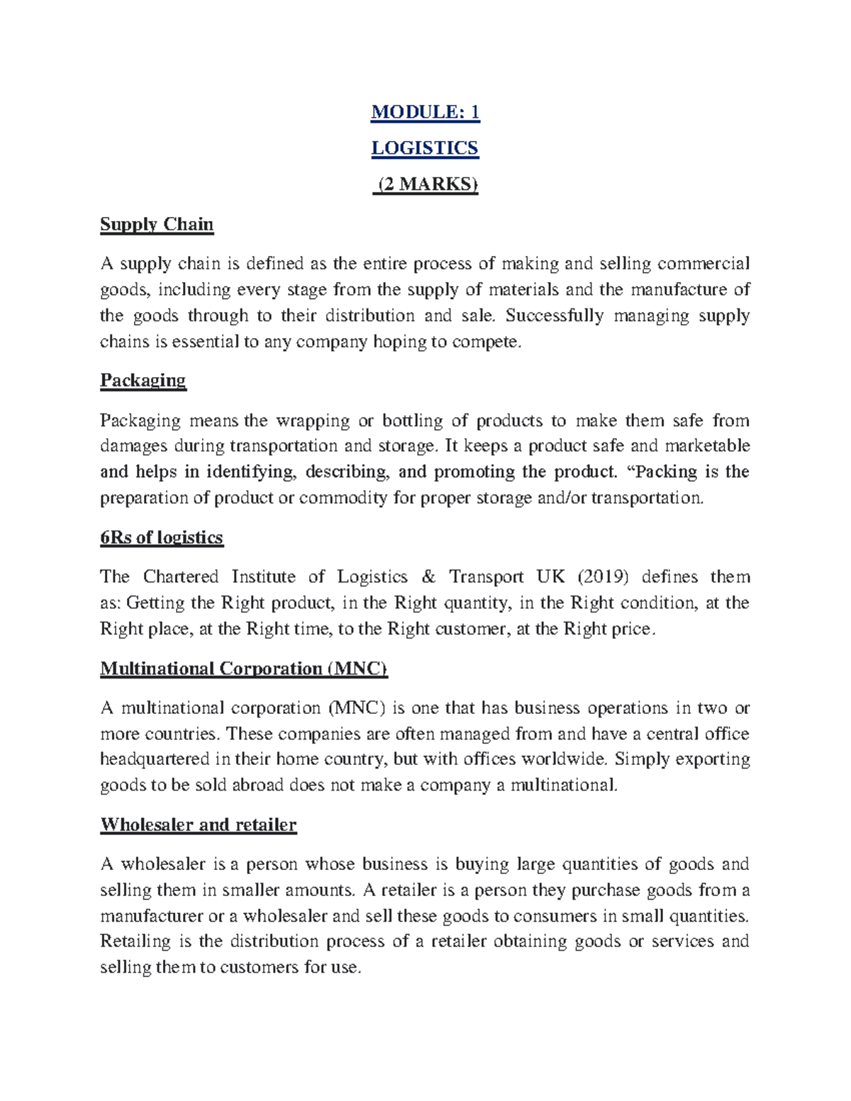 ILM Notes - ####### MODULE: 1 ####### LOGISTICS ####### (2 MARKS ...