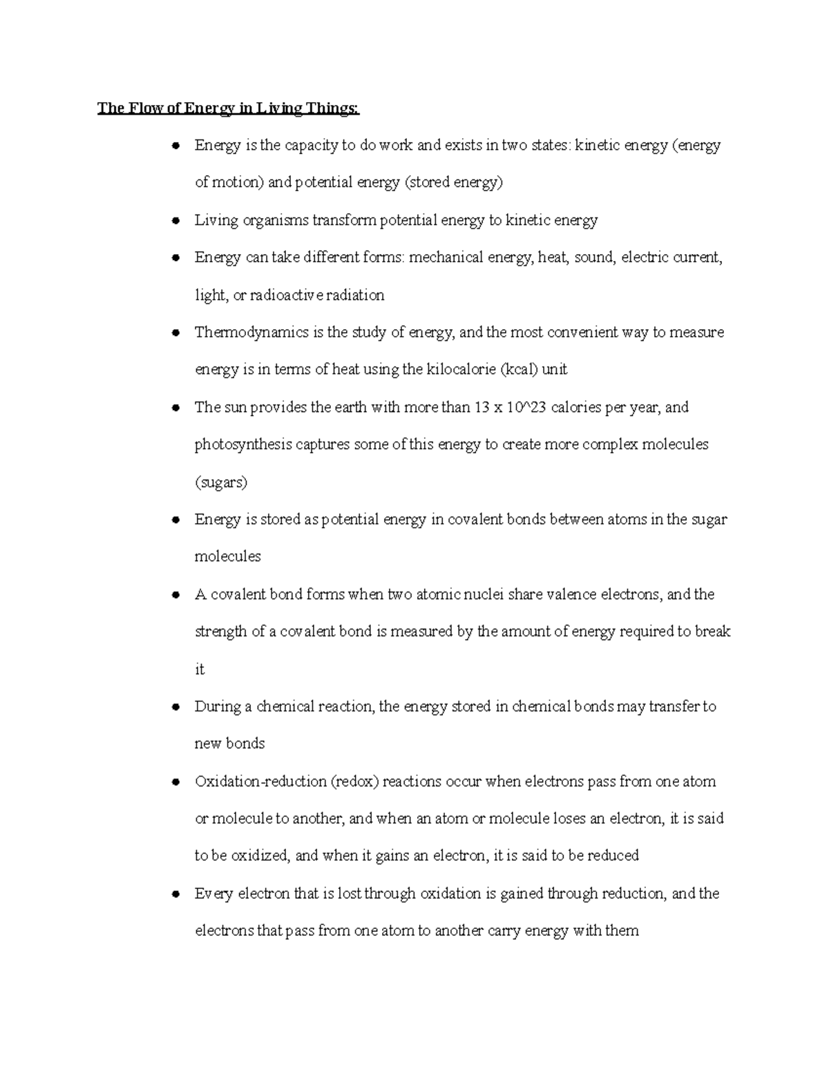 Bio The Flow of Energy in Living Things Notes - The Flow of Energy in ...