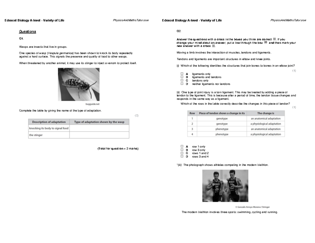 Variety of Life - Edexcel Biology A-level - Questions Q1. Wasps are ...