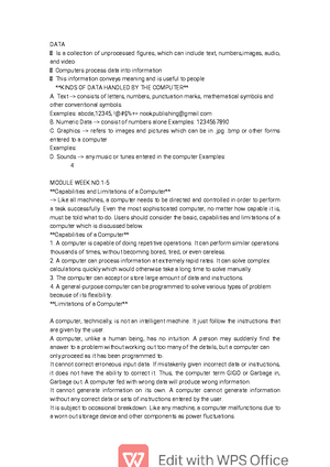 Computer DATA - DATA Is a collecton of unprocessed fgures, which can ...