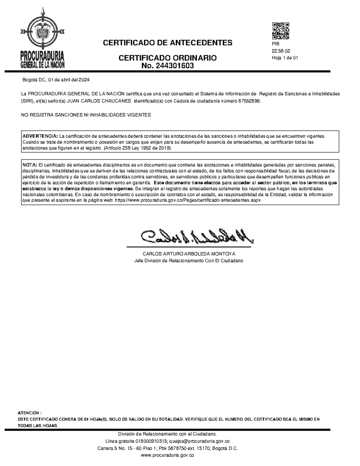 Certificado - dOCUMENTOS DE INTERES - Bogotá DC, 01 de abril del 2024 La PROCURADURIA GENERAL DE ...