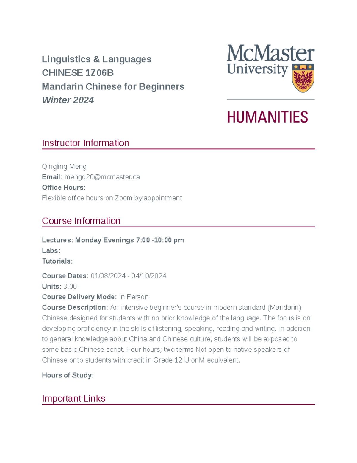 Winter 2024 Chinese 1Z06 B C01 Mengq 20 Mandarin Chinese for Beginners ...