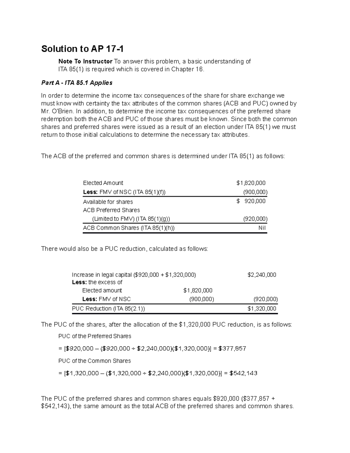 Solution to Ch 17 - Solution to AP 17- Note To Instructor To answer ...