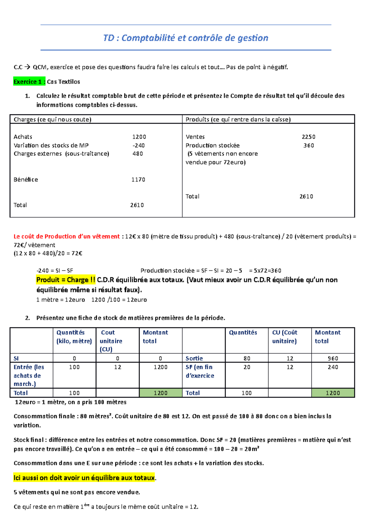 TD compta exo corrigé - TD : Comptabilité et contrôle de gestion C QCM, exercice et pose des ...