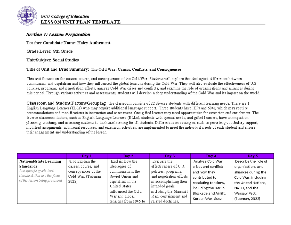 H. Authement-5 day Lesson Plan 351 - Section 1: Lesson Preparation ...