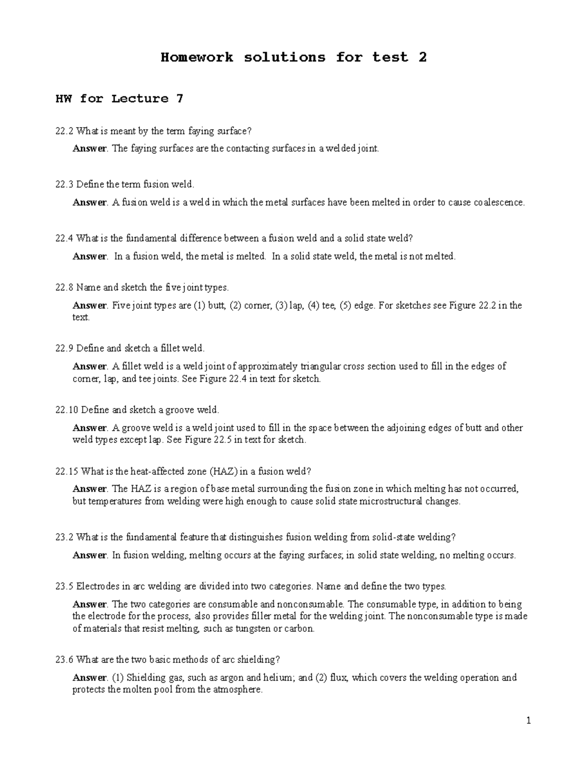 Homework solutions for test 2 - The faying surfaces are the contacting ...