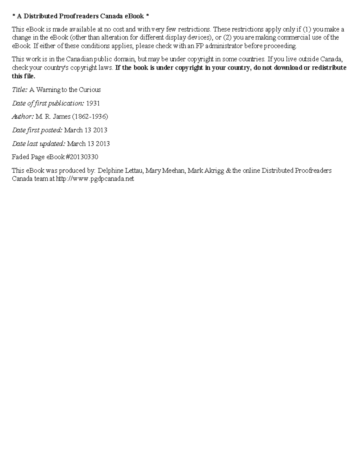 A Warning to the Curious - A Distributed Proofreaders Canada eBook ...