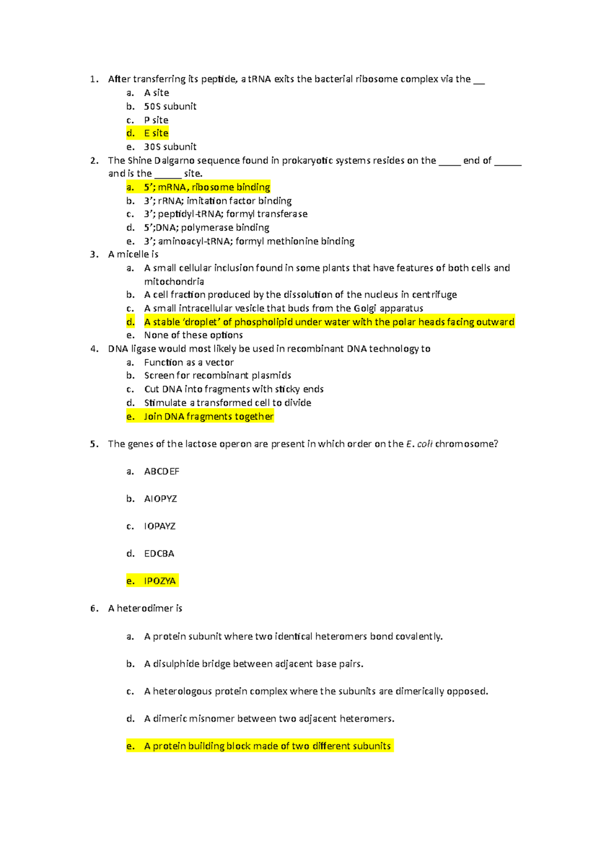 Sample/practice exam 2019, questions and answers - After transferring its peptide, a tRNA exits ...