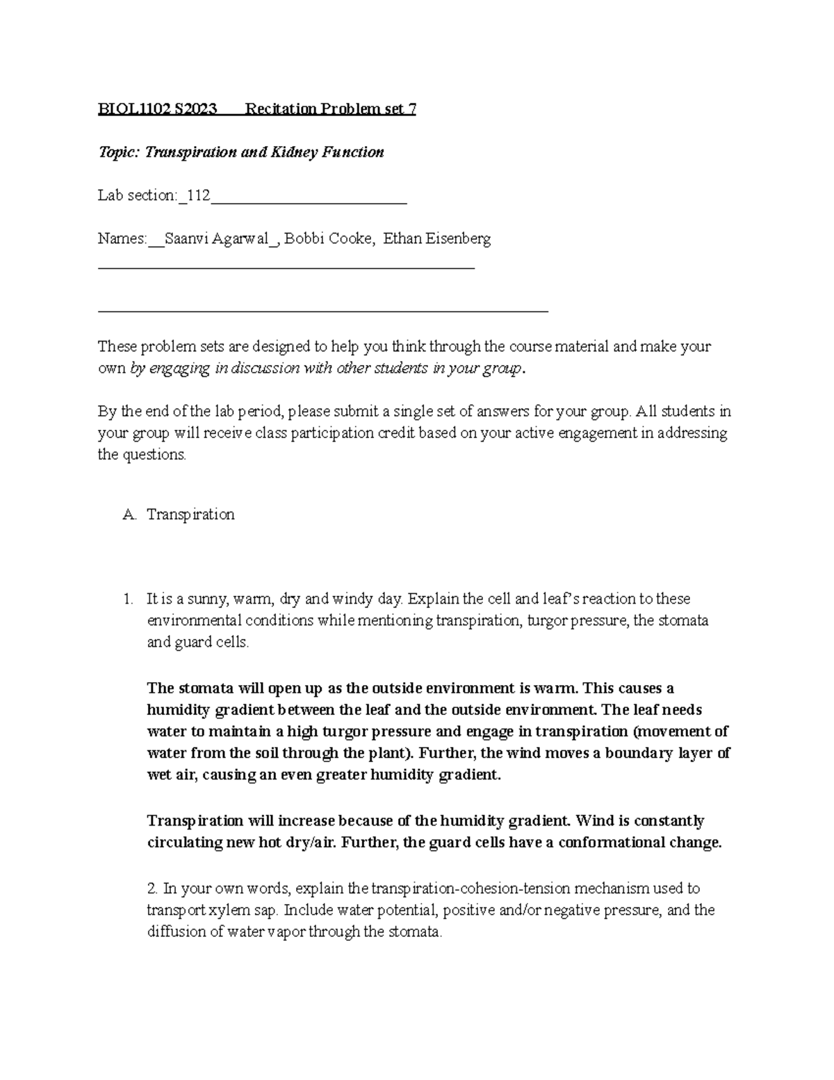 Recitation Problem set 7 - By the end of the lab period, please submit a single set of answers ...