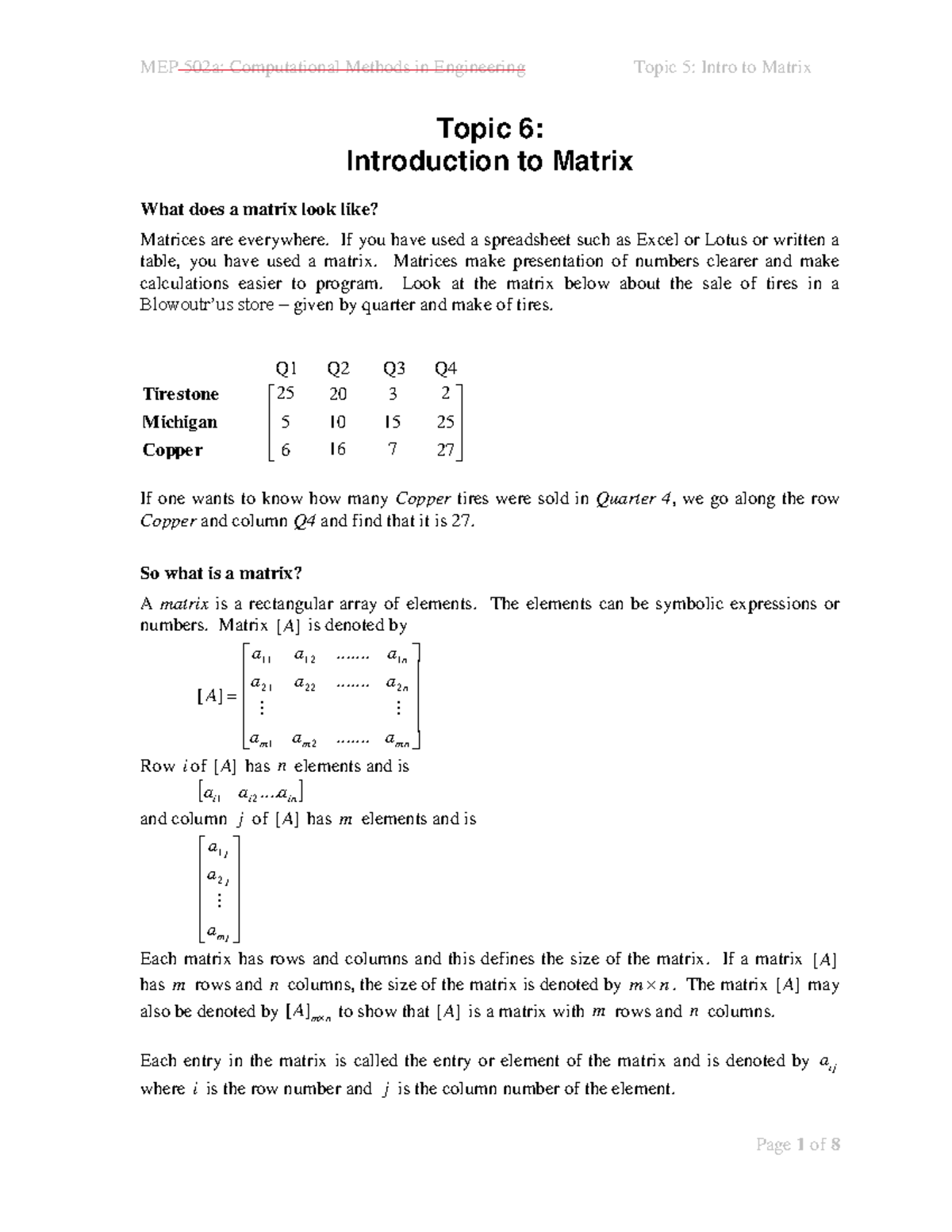 Introduction to Ma TRIX - MEP 502a: Computational Methods in ...