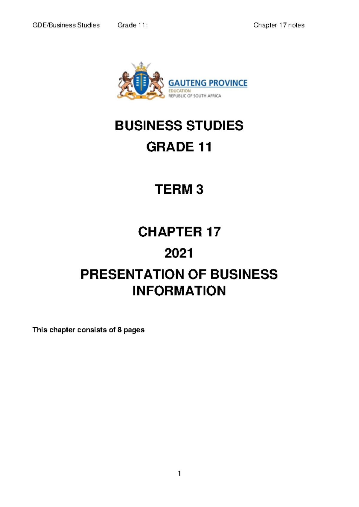 2021 Business Studis Grade 11 Notes TERM 3 Chapter 17 - BUSINESS ...