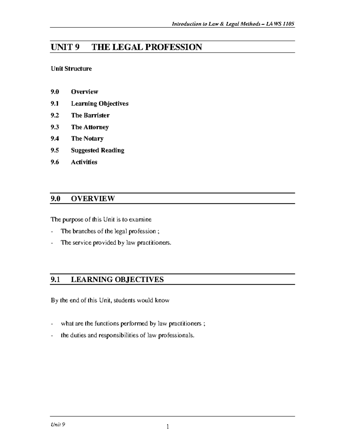 Unit 9 - UNIT 9 THE LEGAL PROFESSION Unit Structure 9 Overview 9 Learning Objectives 9 The ...