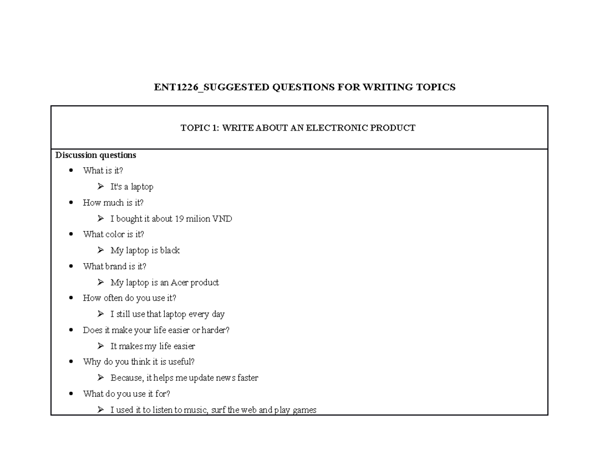 Câu trả lời 4 topic - céccsdvv - ENT1226_SUGGESTED QUESTIONS FOR ...