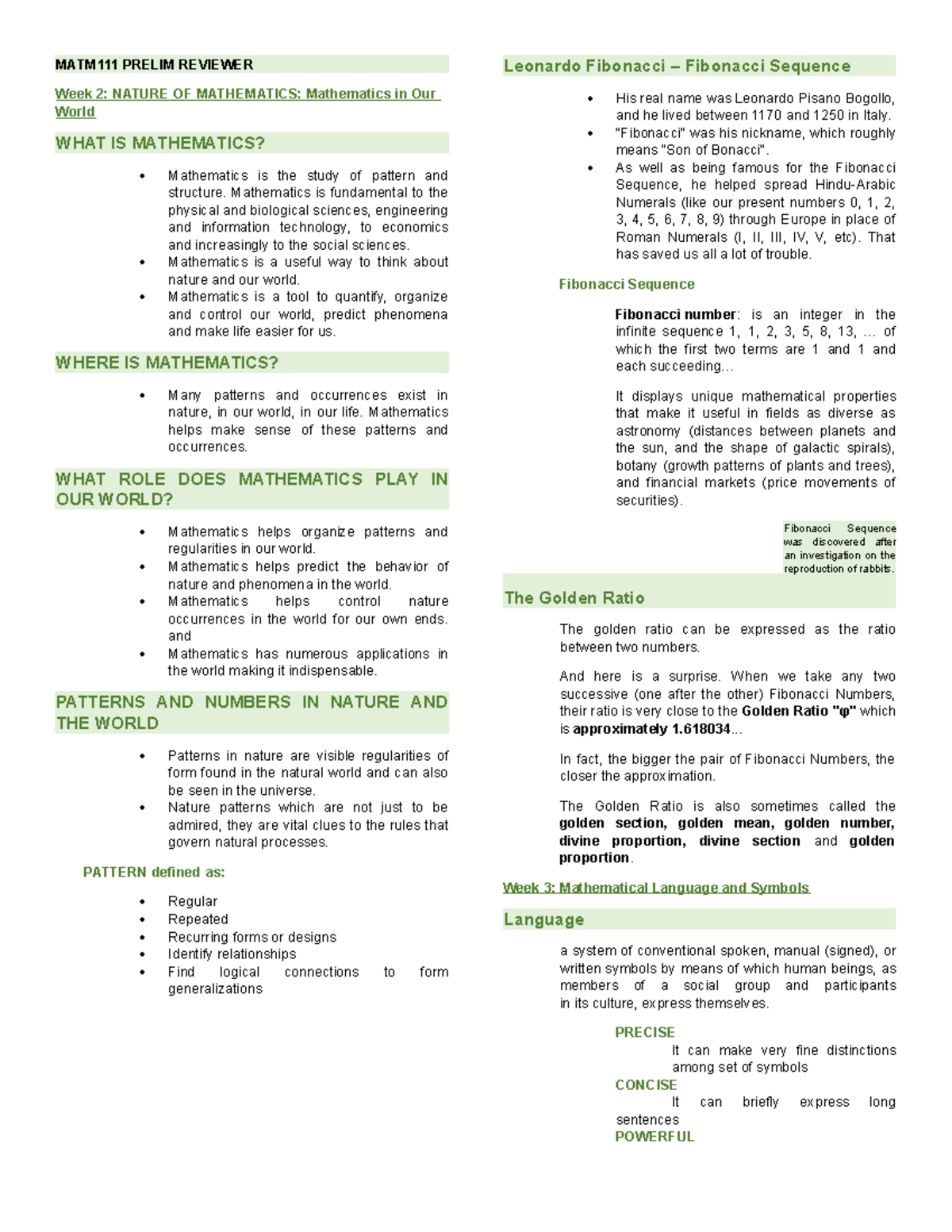 MATM 111 Prelim Reviewer - MATM111 PRELIM REVIEWER Week 2: NATURE OF MATHEMATICS: Mathematics in ...