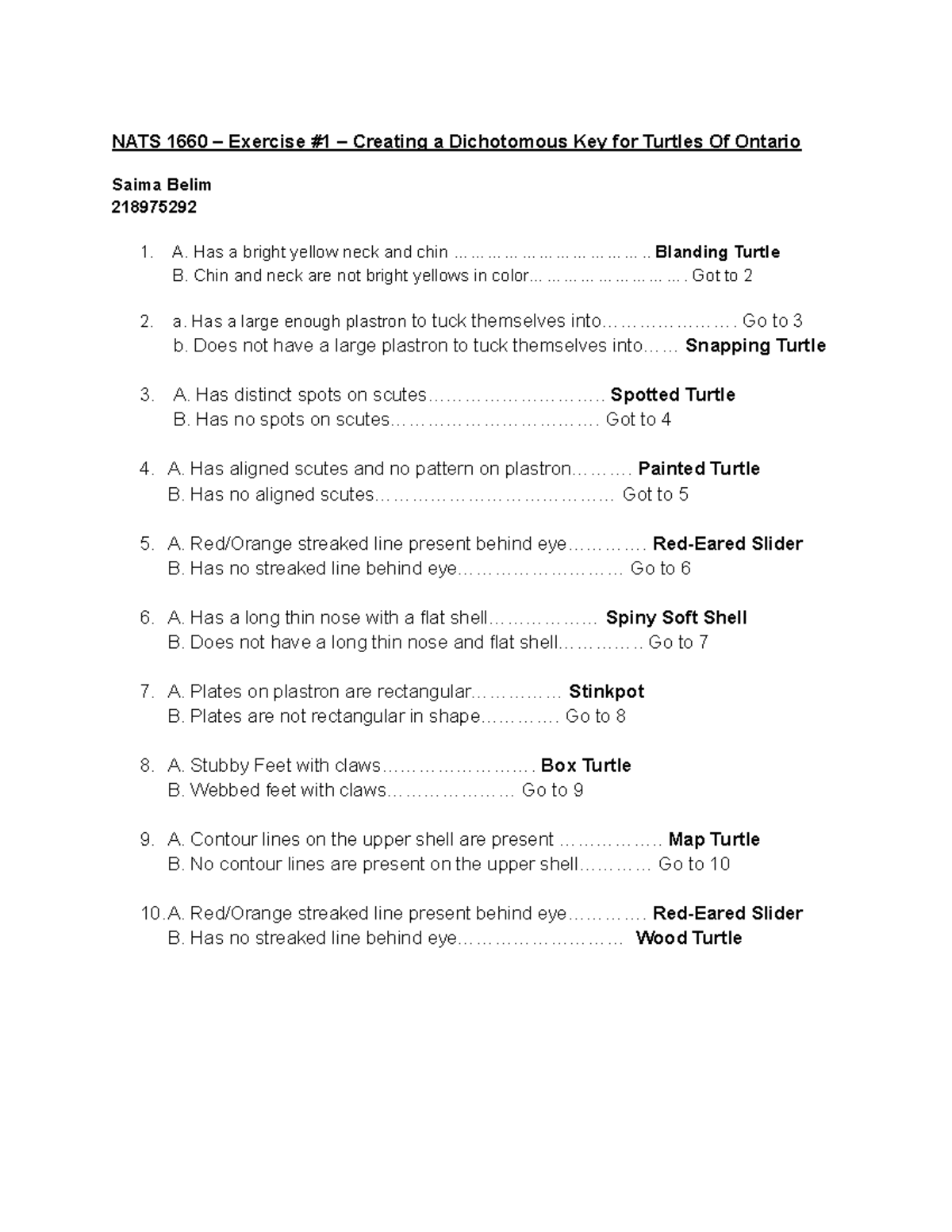 Turtles Of Ontario - Dichotomous Key - NATS 1660 – Exercise #1 ...