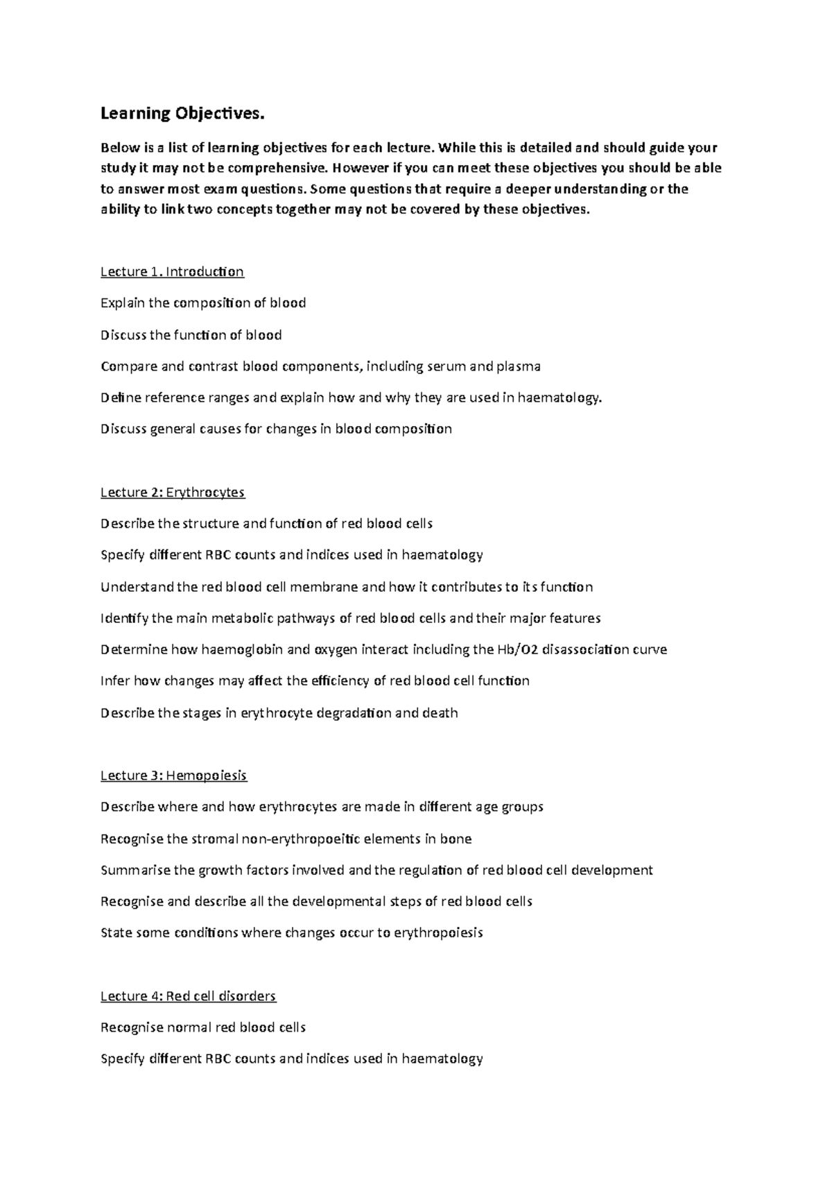 Learning Outcomes Haem 1 Learning Objectives Below Is A List Of