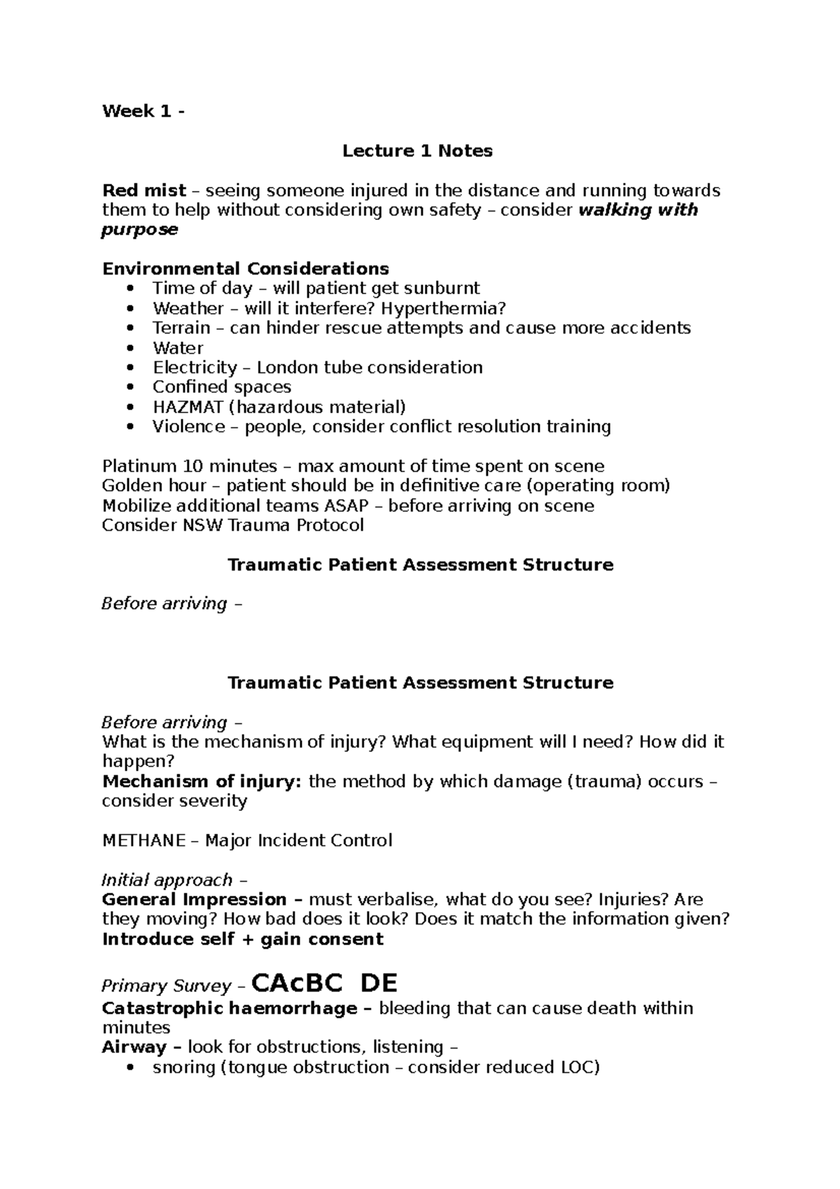 CLS106 Notes - trauma - Week 1 - Lecture 1 Notes Red mist – seeing ...