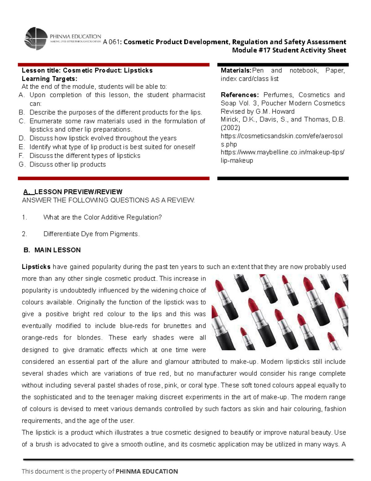 Module 17 SAS - cosmetics - Module #17 Student Activity Sheet Lesson ...