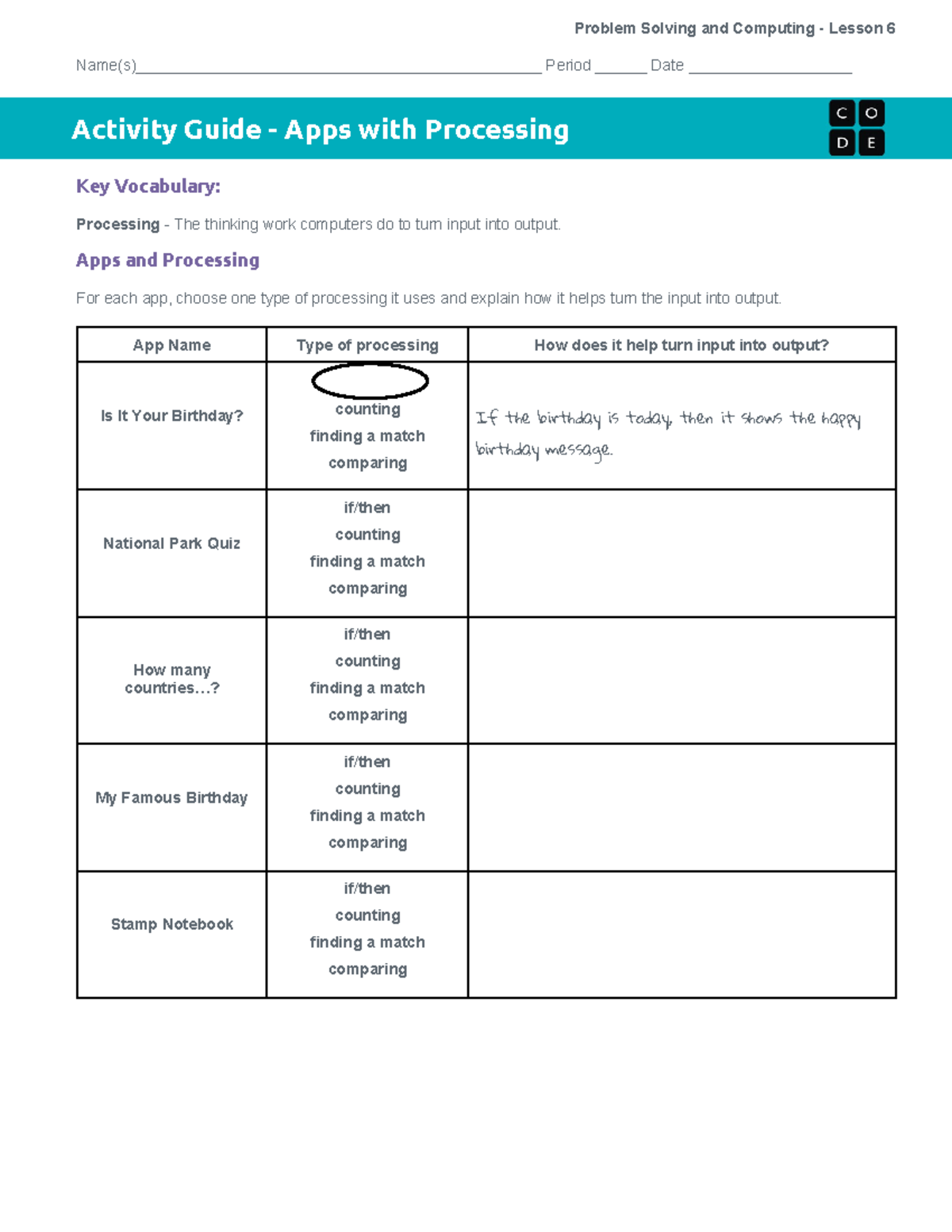 U1L06 - Activity Guide -Apps with Processing - Problem Solving and Computing - Lesson 6 - Studocu
