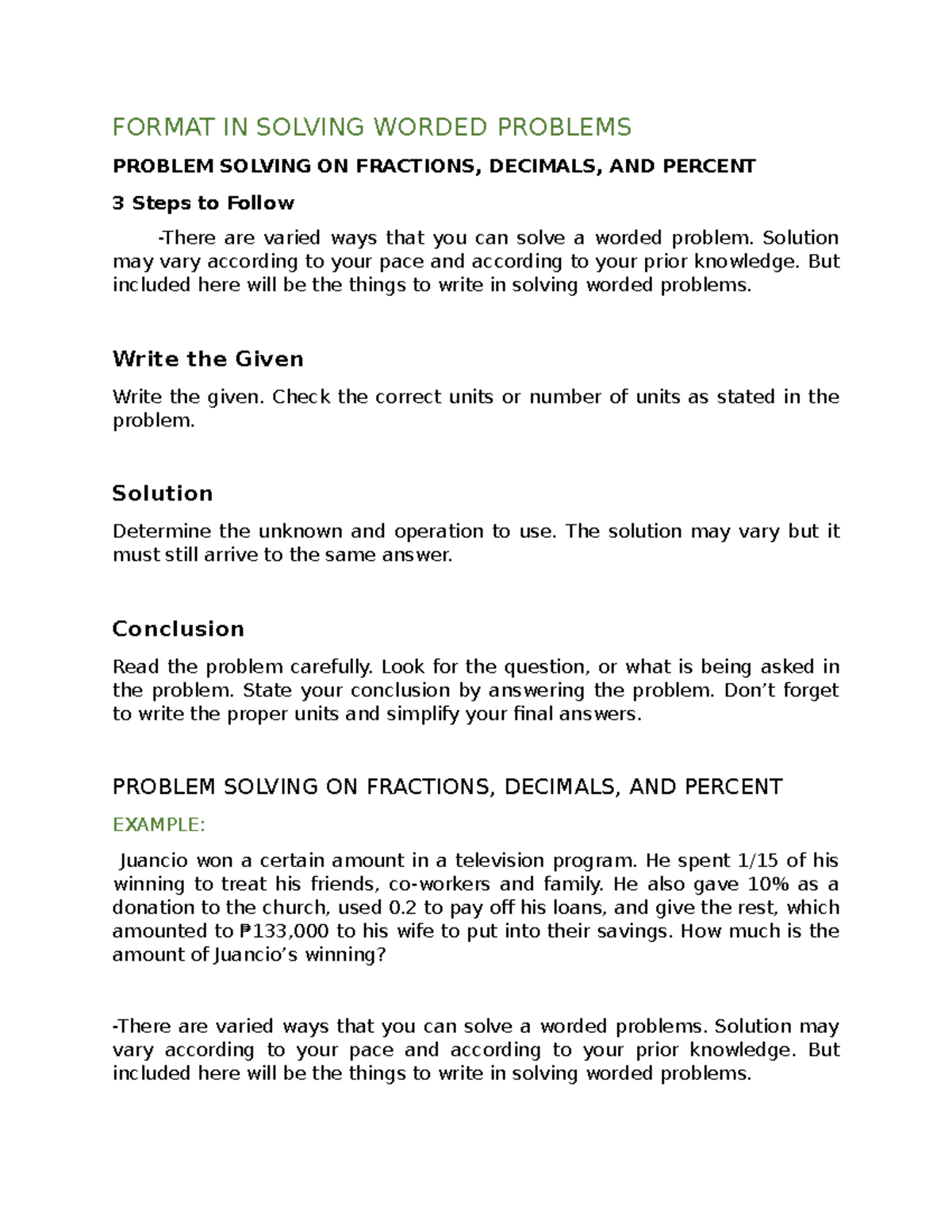 Format IN Solving Worded Problems - FORMAT IN SOLVING WORDED PROBLEMS ...