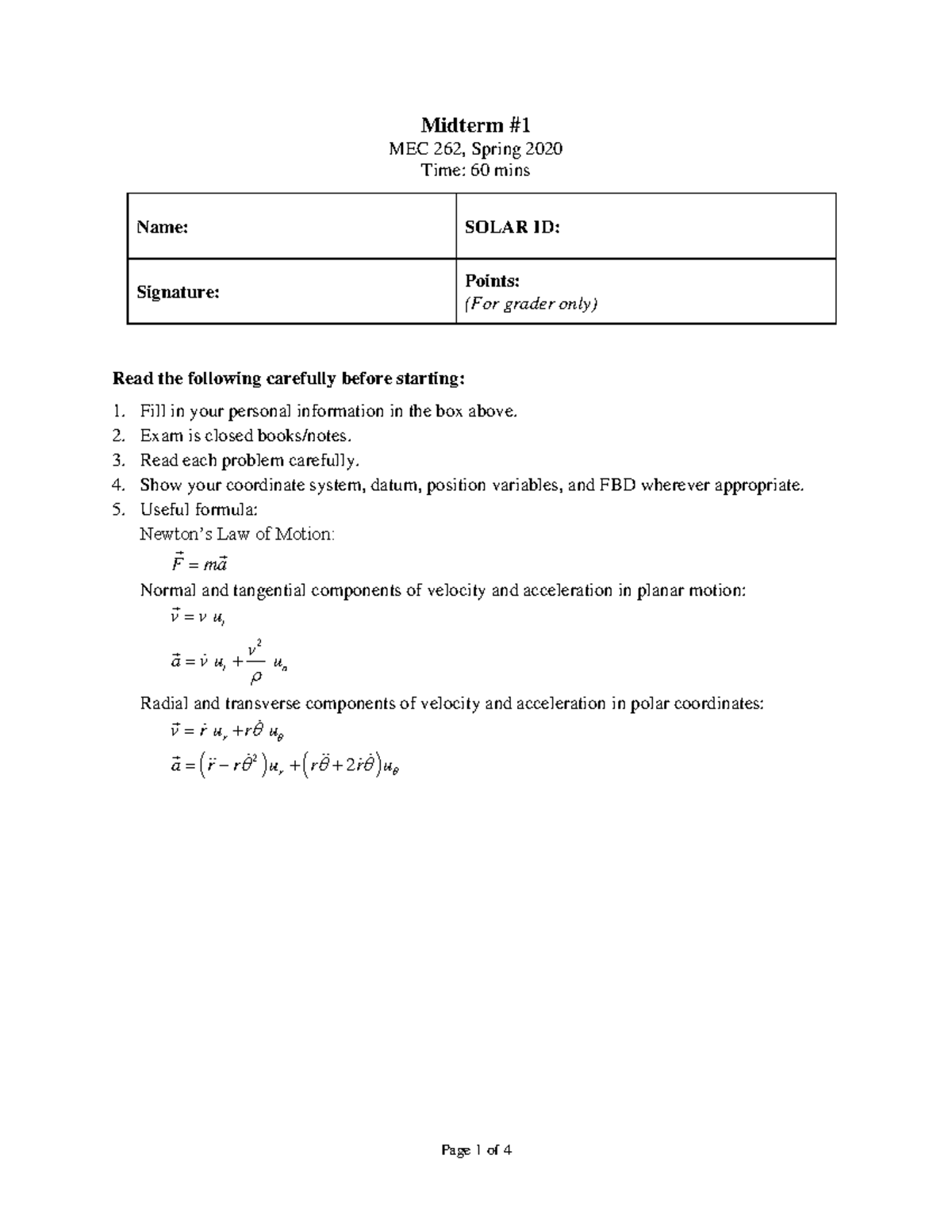 Exam1-Practice-Spring 2023 - Page 1 of 4 Midterm MEC 262, Spring 2020 ...