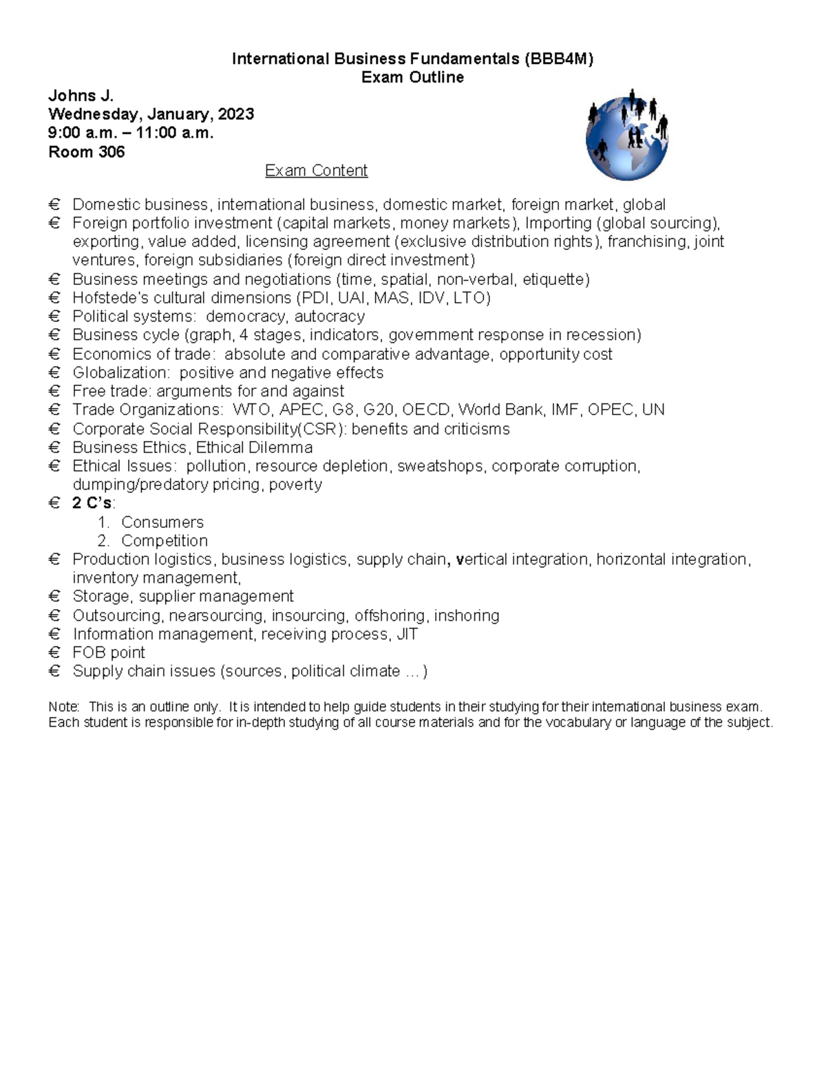 BBB4M Exam Outline - J.Johns Jan 2023 - International Business ...