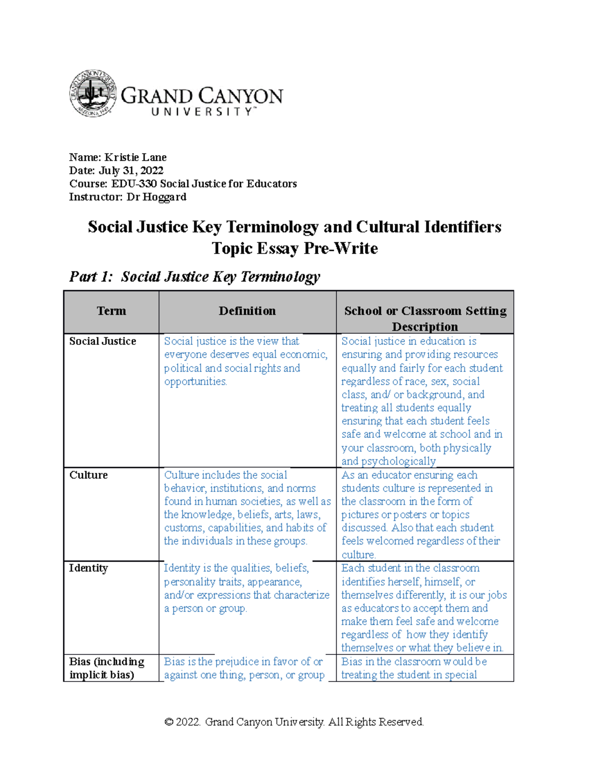 EDU 330 T1 Social Justice Terminologyand Cultural Identifiers Topic ...
