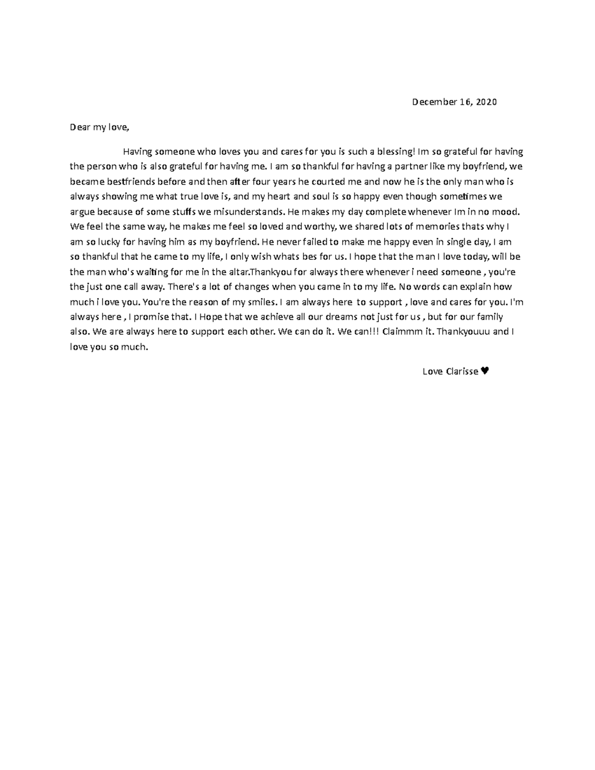 Letter - None - December 16, 2020 Dear my love, Having someone who ...
