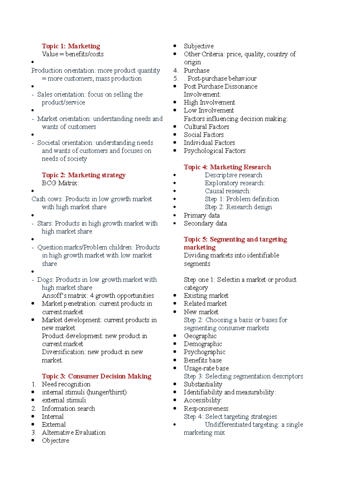 Marketing Concise Notes - Topic 1: Marketing Value = benefits/costs ...