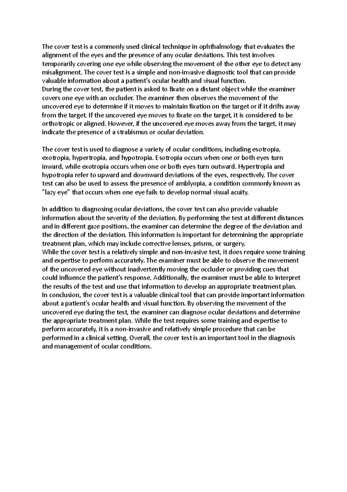 The cover test is a commonly used clinical technique in ophthalmology ...